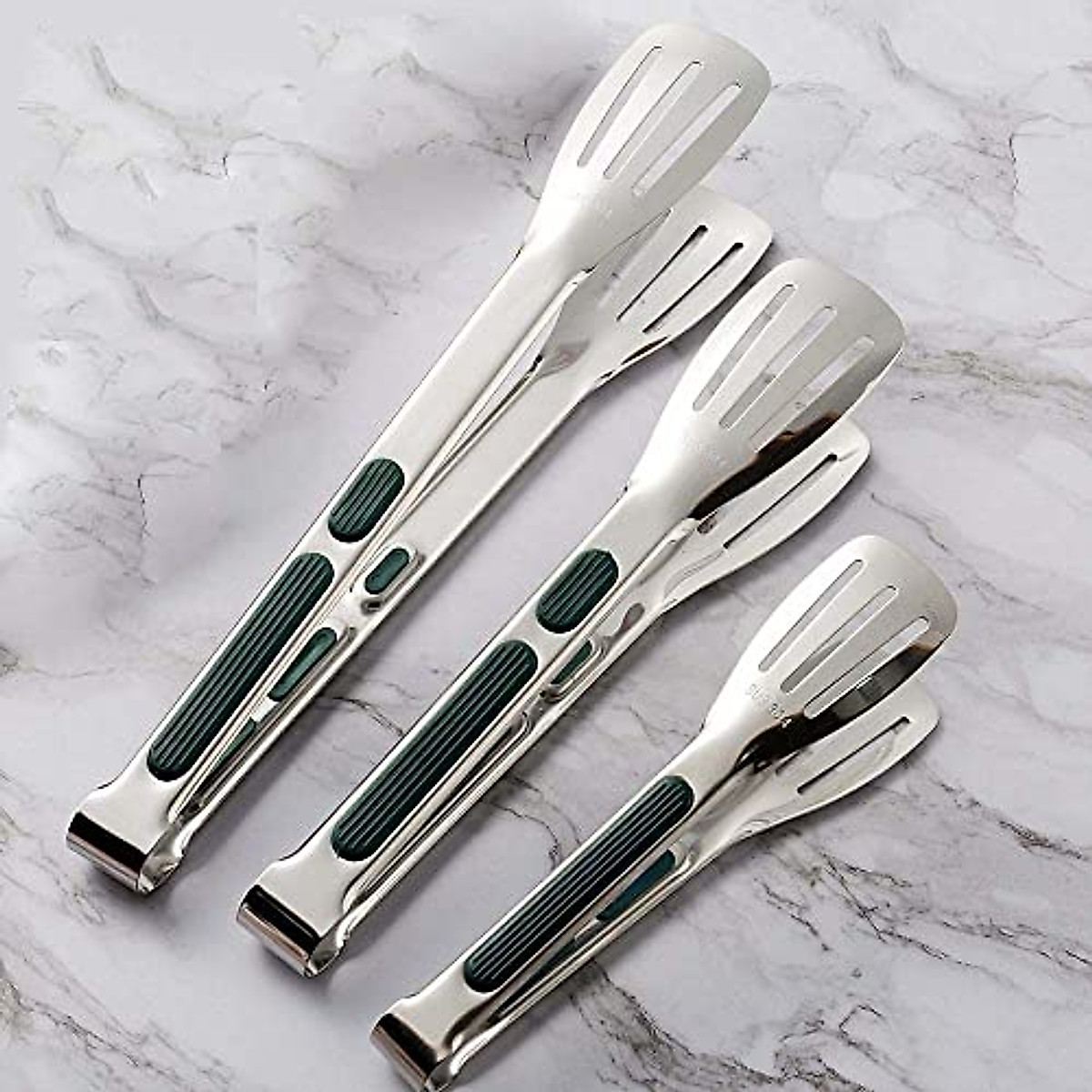 Serving Tongs Kitchen Tongs,Buffet Tongs, Silicone Non-slip Grip Tongs， Food Tong Serving Tong, Bread Serving Clip, Stainless Steel Kitchen Tongs (silver 12in-green handle)