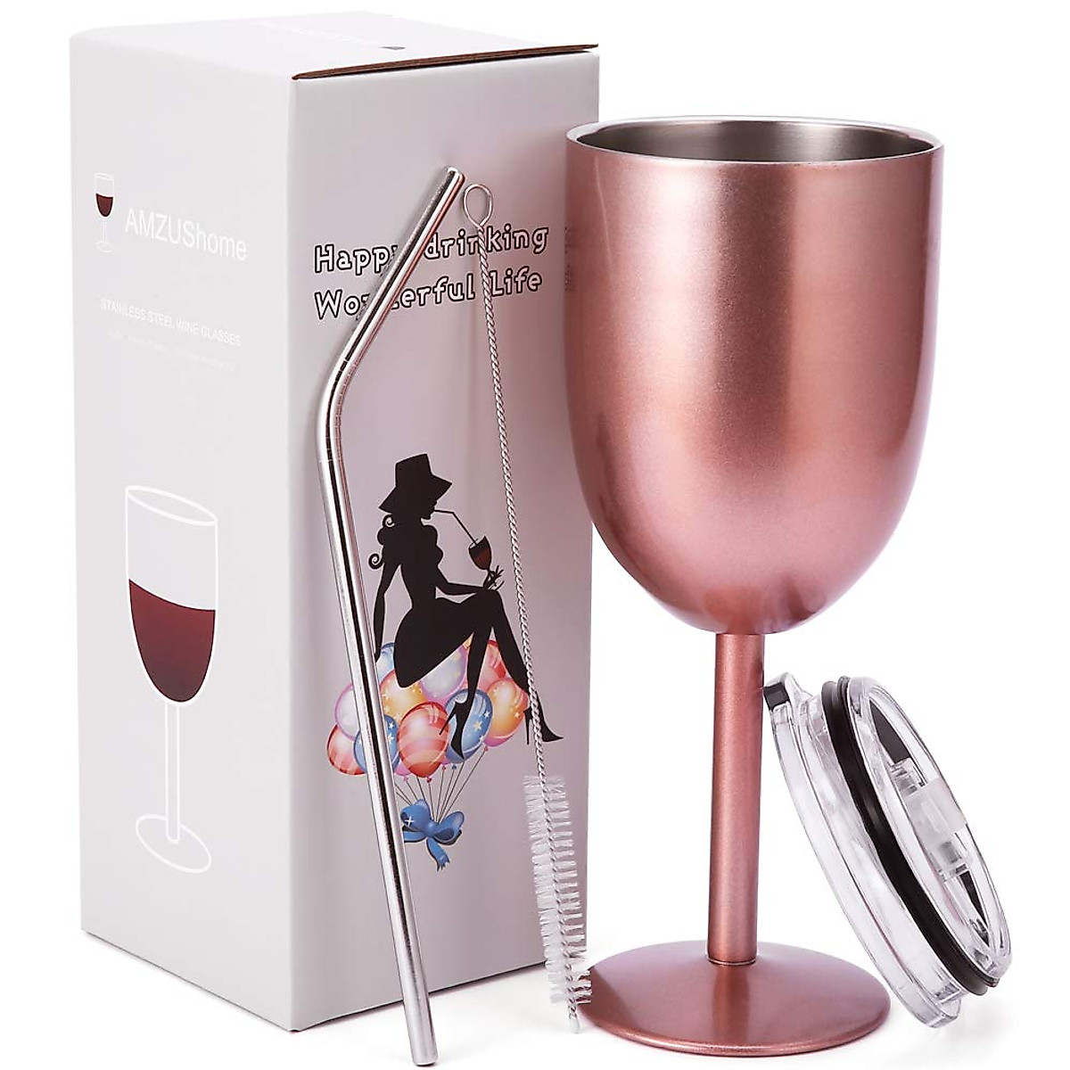 AMZUShome Stainless Steel Wine Glasses Cups.Double Walled Vacuum Insulated Wine Tumbler With Lid and Straw.Friendship,Christmas,Birthday Gifts for Women Men Friends Dad Mom(10oz Rose Gold)