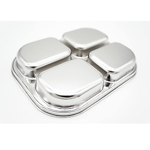 Korean Stainless Steel Divided Plates by KS&E, Little Kids Toddlers Babies Tray, BPA Free, Diet Food Control, Compact Serving Platter, Dinner Snack, 4 Compartment Plate Silver, Set of 2