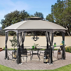 ZZBJ Outdoor Patio Hexagon Gazebo 13' W X 11' D Dome Top Powder-Coated Steel Frame Gazebo with Net Gray