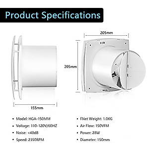 Hon&Guan 6'' Bathroom Exhaust Fan, 116 CFM Kitchen/Garage Exhaust Fan Through the Wall Fan for HVAC System, Super Silent, Strong Exhaust Fan 150A