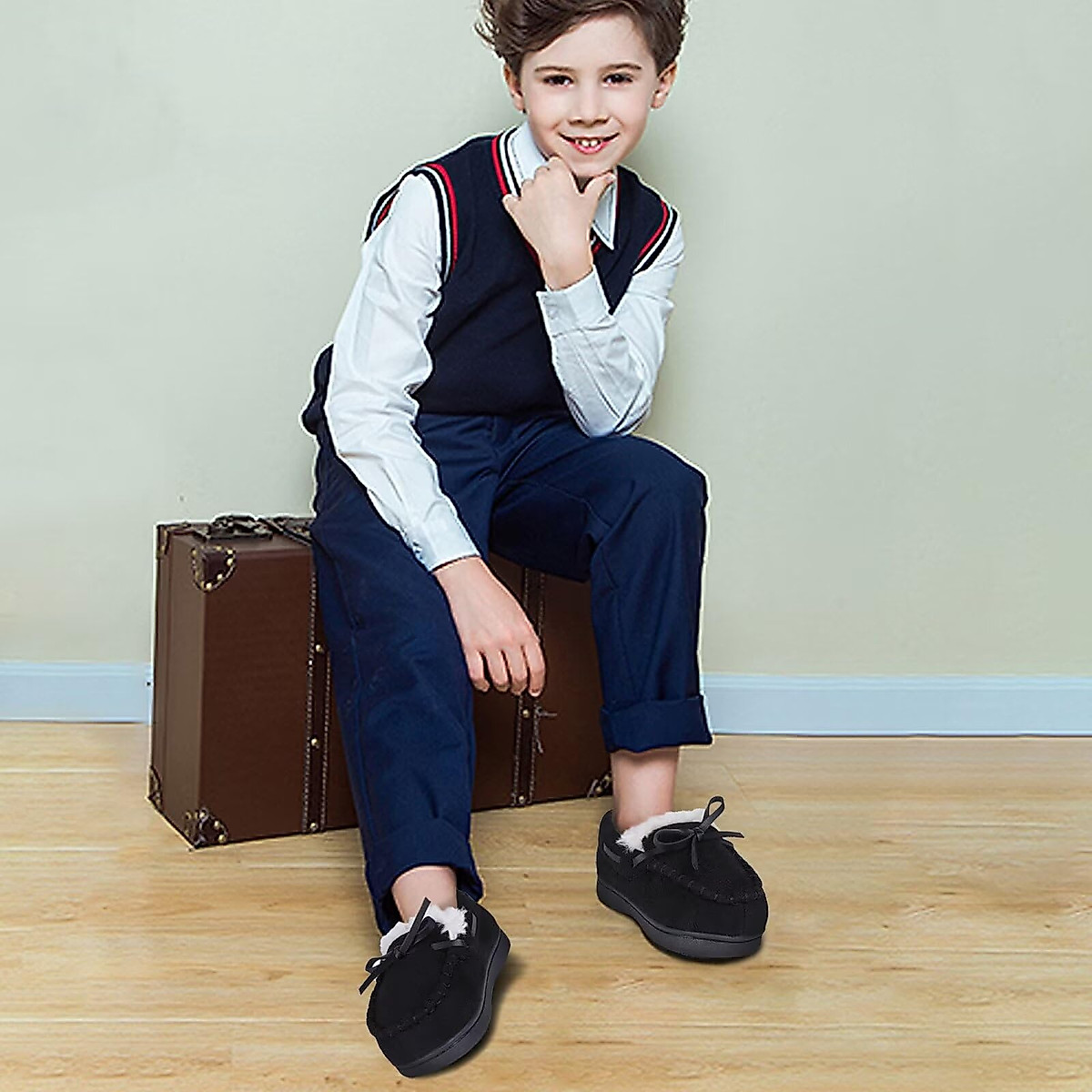 SEMARY Toddler Kids' Moccasin House Shoes with Indoor Outdoor Memory Foam Sole Protection Slipper U7GSDWLFX-D-Black-12