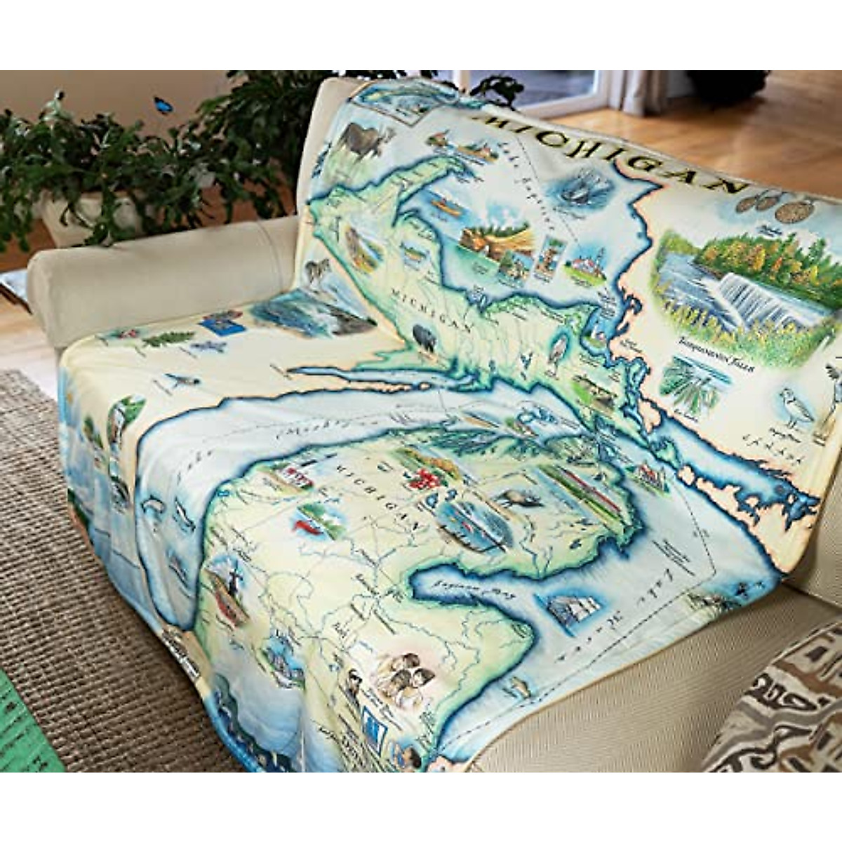 Michigan State Map Fleece Blanket - Hand-Drawn Original Art- Soft, Cozy, and Warm Throw Blanket for Couch - Unique Gift - 58"x 50"
