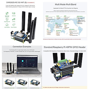waveshare SIM8202G-M2 5G HAT (B) for Raspberry Pi Snapdragon X55 Quad Antennas 5G NSA Multi Band 5G/4G/3G Compatible Applicable for Regions with 5G Sub-6G Signal Coverage