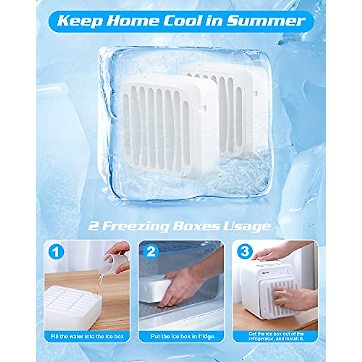 Portable air conditioner, 3in1 Rechargeable Evaporative Air Cooler with 2 Freezing Boxes,LED Light, Desktop Cooling Fan for Office, Bedroom, Outdoor,Kitchen