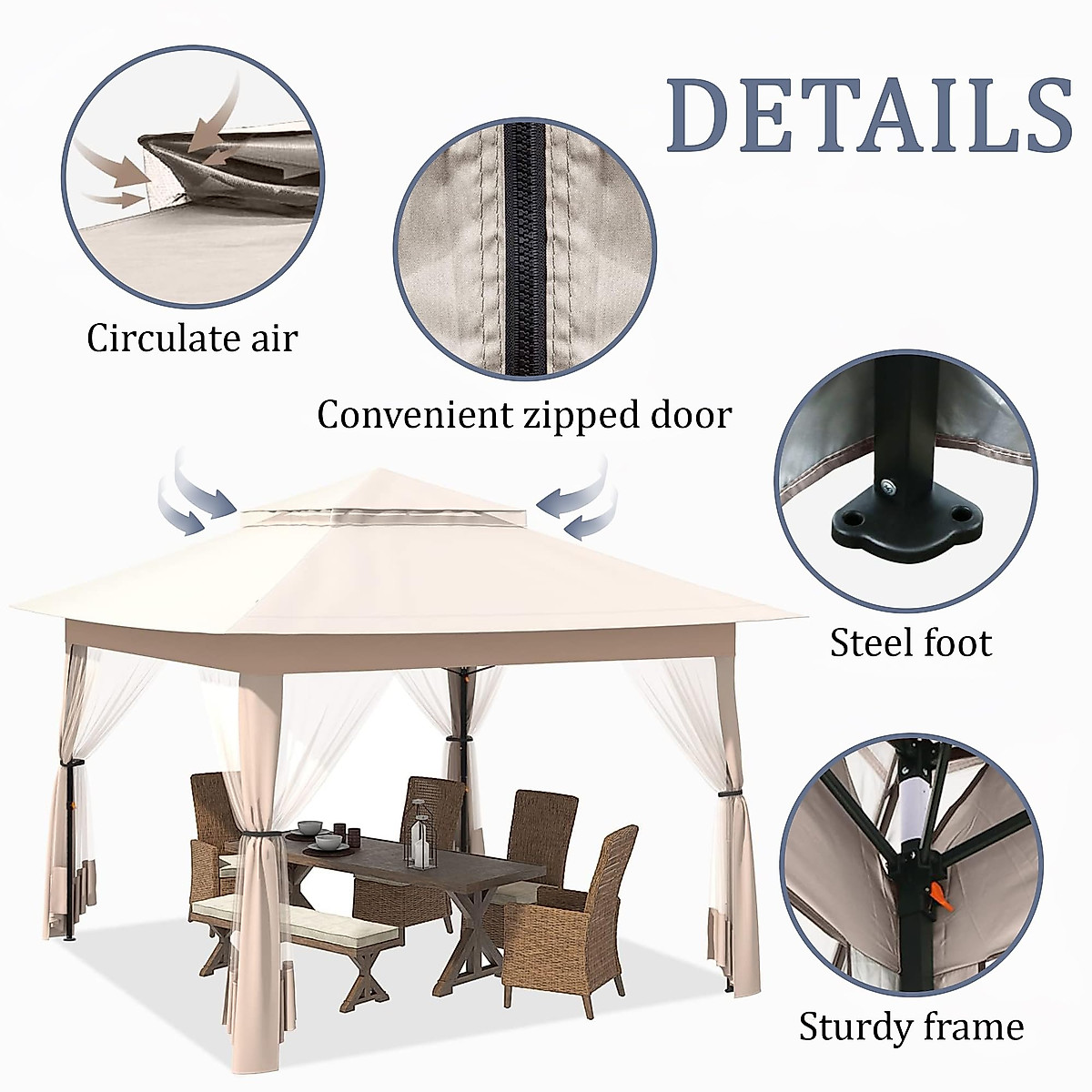 yoyomax 13X13 Outdoor Pop Up Gazebo with Netting, Portable Gazebo Waterproof Patio Canopy Shelter with Double Roof Tops and 169 Square Feet of Shade for Beach Parties, Camping and Picnics - Khaki