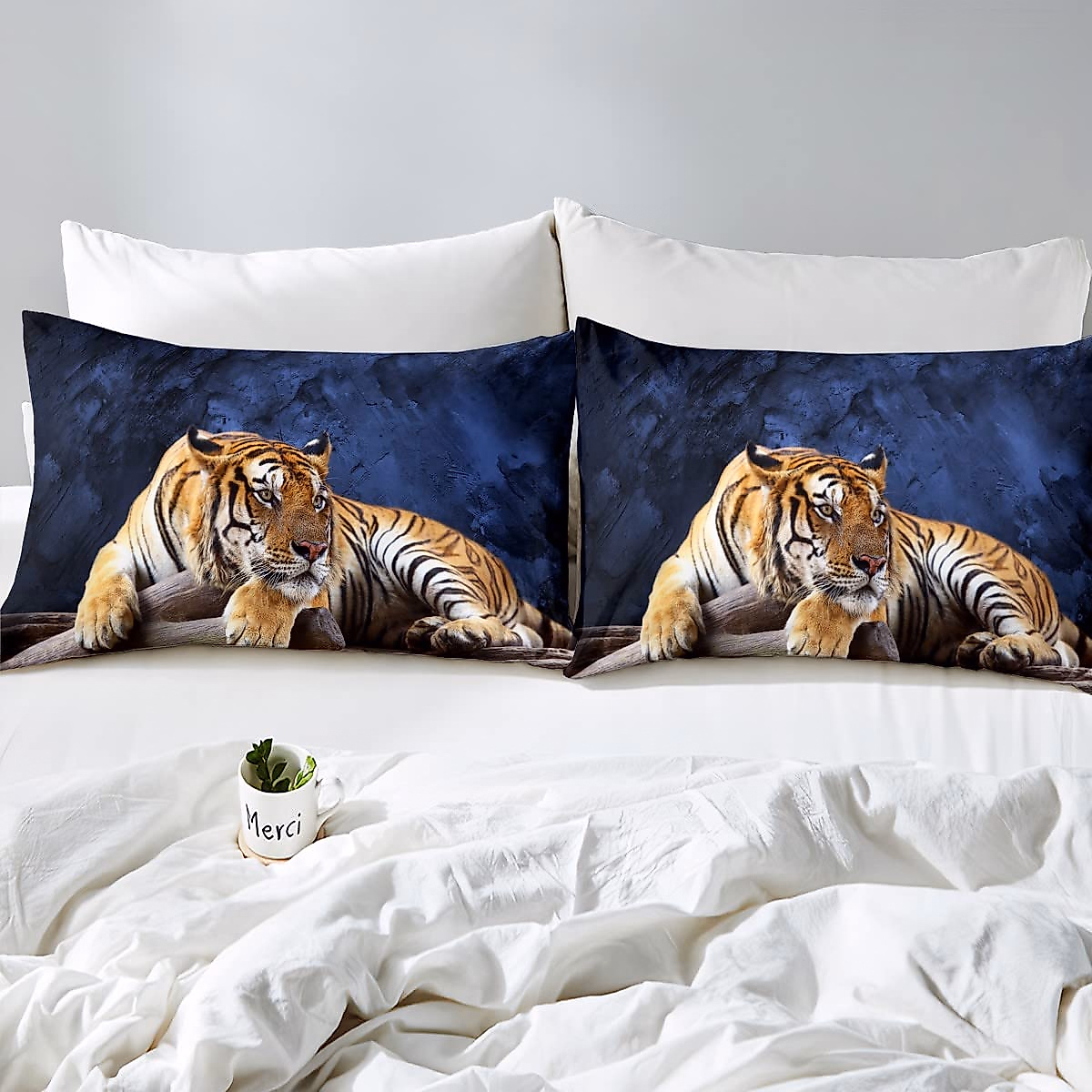 Homewish Tiger Comforter Cover Set 3D Tiger Lying on The Stump Pattern Duvet Cover with Zipper Ties Wild Animal Theme Bedding Set for Kids Boys Teens (1 Duvet Cover + 2 Pillow Cases) Full Size