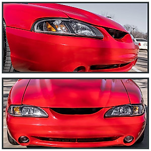 SPEC-D TUNING Black Housing Clear Lens 1PC Headlights + Corner Lights Compatible with 1994-1998 Ford Mustang L+R Pair Head Light Lamp Assembly