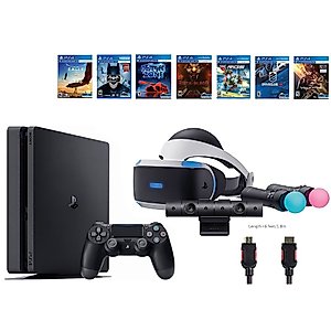 PlayStation VR Start Bundle 10 Items:VR Start Bundle,Sony PS4 Slim 1TB Console - Jet Black,7 VR Game Disc Until Dawn:Rush of Blood, EVE:Valkyrie,Battlezone,Batman:Arkham VR, DriveClub,Eagle Flight