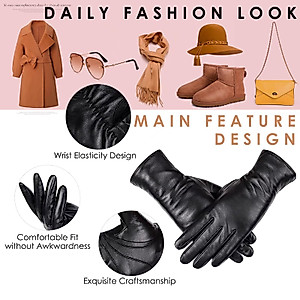 Winter Sheepskin Leather Gloves for Women, Warm Touchscreen Texting Gloves with Thermal Cashmere Lining, Cold Weather Gloves for Driving Motorcycle Outdoor Sports(Black-M)