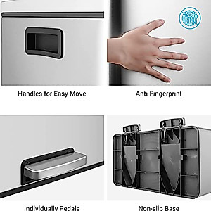 AthLike 60L(16 Gal) Dual Trash Can, Stainless Steel Kitchen Garbage Can, Double Compartment Classified Rubbish Bin, Recycle Dustbin w/Plastic Inner Buckets, Handle, Soft-Close Lid, Airtight (Silver)