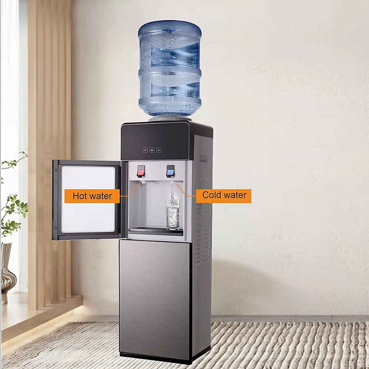 Water Cooler Dispenser 5 Gallon, Cold & Hot Water Cooler Dispenser Top-Loading Water Cooler 5 Gallon Children Safety Water Dispenser with Removable Drip Tray & Storage Cabinet for Home Office (Black)