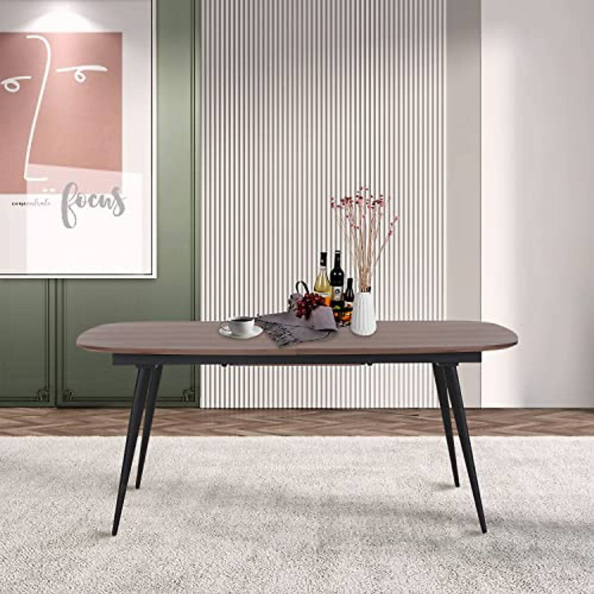 kevinplus Mid Century Dining Table, Extendable Modern Dining Table for 6-8 Person, 70.5'' & 90'' Wood Dinner Table with Metal Frame & Legs for Kitchen Living Room, Easy Assembly, Walnut