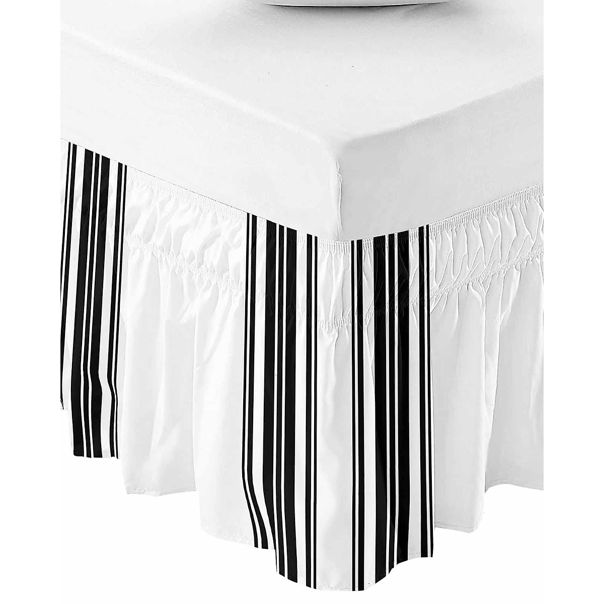 Black Stripes Bed Skirt Queen Size 18 Inch Drop,Adjustable & Elastic Wrap Around Bed Skirts Pleated Luxury Dust Ruffles for Twin Full Queen Cal King Bed,Traditional Bohemian Geometric Art Decor White