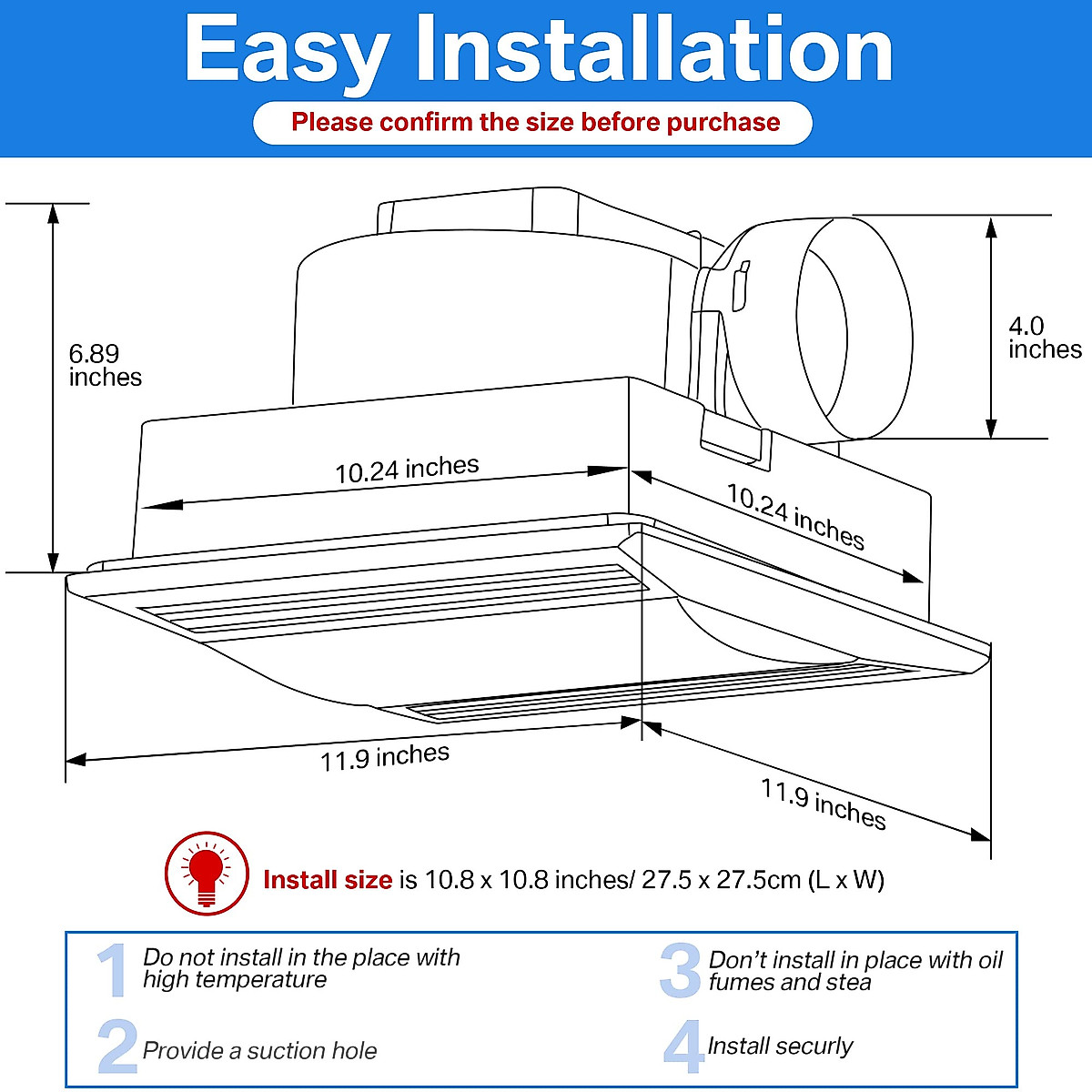 Fiada Bathroom Exhaust Fan Ultra Quiet 1.0 Sones, Bathroom Ceiling Vent Fan with LED Lights, 110 CFM Bath Ventilation Fan Vent for Home Household Bath Office Hotel 105 sq. ft.(Stable Light)