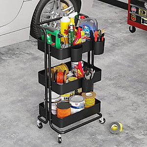 AIYAKA 3-Tier Rolling Utility Storage Cart, Multifunction Trolley Service Cart, with Mesh Basket Handles and Wheels, for Bathroom, Kitchen, Office, Black