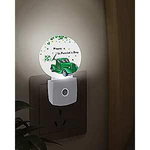 St.Patrick Day Shamrock Truck Night Lights Plug into Wall, Cute Gnomes Green Auto Round LED Lights with Dusk to Dawn Sensor for Bedroom, Bathroom, Hallway, Kitchen, Kids, Home Decor