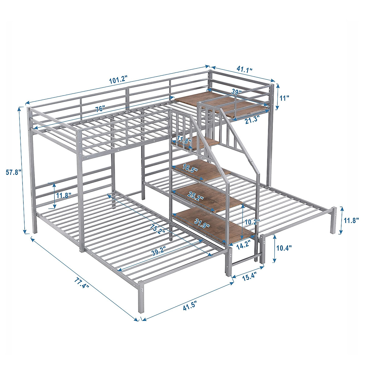 SOFTSEA Metal Corner Bunk Beds for 3 Kids, L-Shaped Triple Bunk Bed Frame with Stairs and Shelves, No Box Spring Needed
