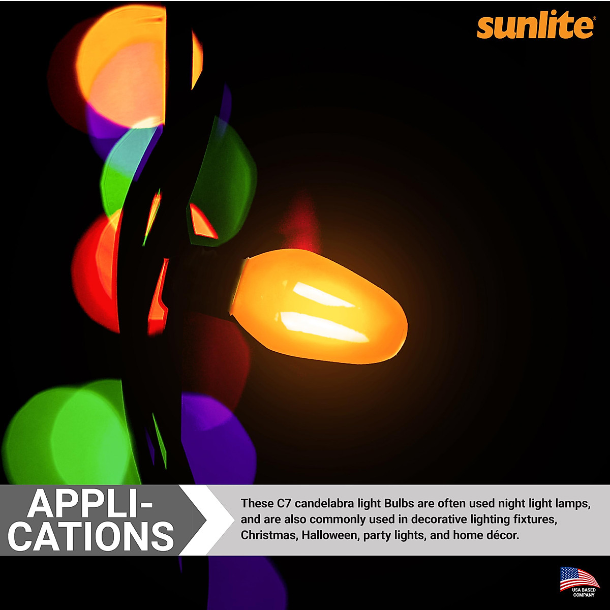 Sunlite 01232 7C7 Incandescent Bulb, 7 Watt, Candelabra E12 Base, C7 Small Night Light, Colored Bulb, Orange, 4 Count