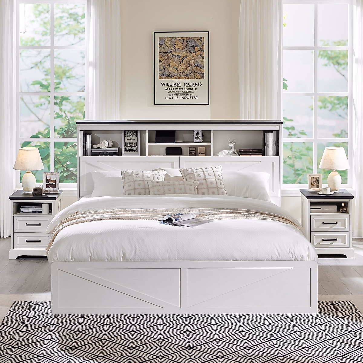 ACCOHOHO Farmhouse King Size Wood Bed Frame with 52" Tall Storage Headboard and 4 Drawers,LED Light,Charging Station,Solid Wood Slats Support,Noiseless,No Box Spring Needed,White