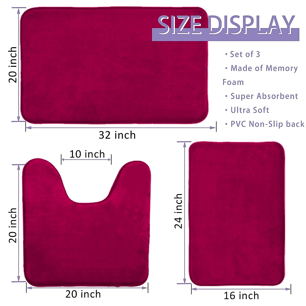 Red Bathroom Rugs Comfort Memory Foam 3 Piece Non-Slip Bath Mats, Absorbent Shaggy Rugs, Machine Wash, Perfect Plush Bathroom Mats, Bathroom Carpets Set with U-Shaped Toilet Bath Mats