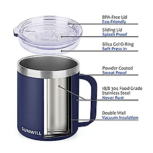 SUNWILL 14 oz Coffee Mug, Vacuum Insulated Camping Mug with Lid, Double Wall Stainless Steel Travel Tumbler Cup, Coffee Thermos Outdoor, Powder Coated Navy Blue