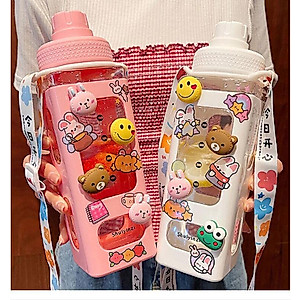 24 OZ Kawaii Water Bottle with Straw Stickers Cute Girls Kids Water Bottles with Adjustable Shoulder Strap & 3D Stickers, BPA Free Square Drinking Bottle Leakproof Water Jug for School (Pink - 24oz)