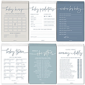 GardenCity Baby Shower Games for Boy - Set of 6 Baby Shower Games for 25 Guests, Double-Sided Thick Cards, Gender Neutral, Minimalist Blue