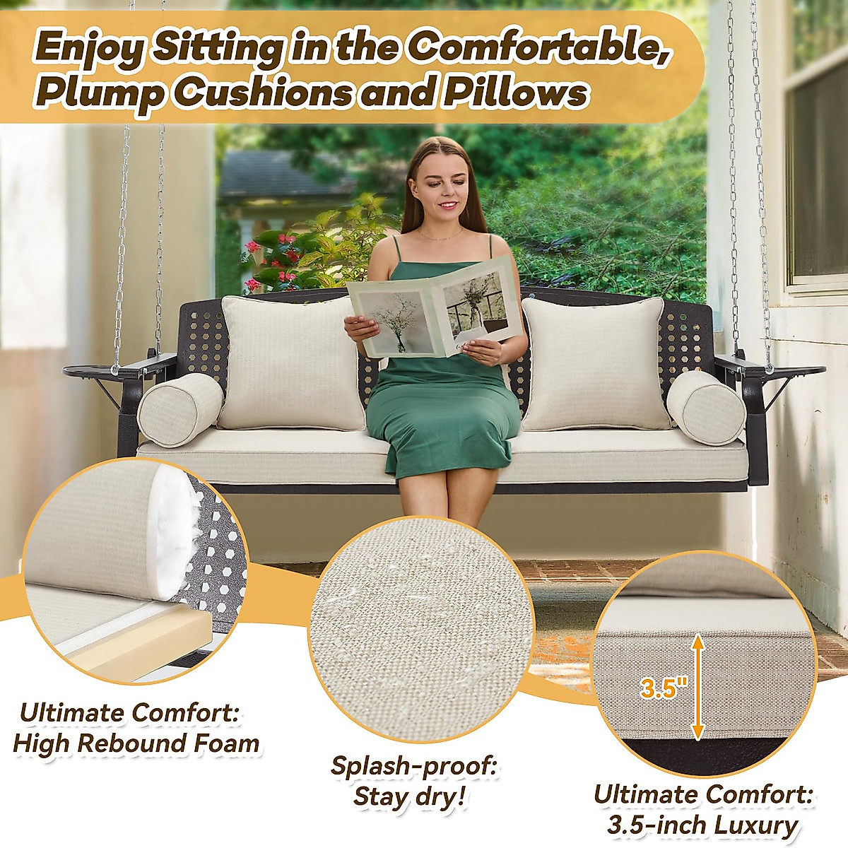 Yalissey 3 Seat Hanging Porch Swing, Patio Swing Bench with Tea Trays & 3 Back Cushions, Swing Chair with Chains for Deck Garden Backyard (Beige)