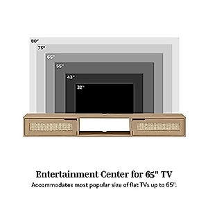 Walker Edison Modern Rattan Flip-Down-Door Wall-Mounted Floating Stand for TVs up to 80 Inches, 70 Inch, Coastal Oak