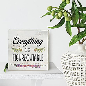 Everything is Figureoutable Wood Box Sign Decor Rustic Inspirational Office Quote Wooden Box Sign Block Plaque for Wall Tabletop Desk Home Office Decoration 5" x 5"