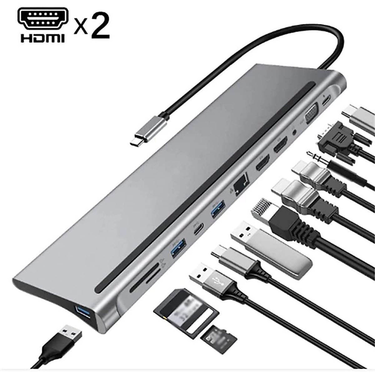 Sxdthy USB Hub,12 in 1 USB C Hub Laptop Docking Station Type-C to Dual HDMI-Compatible/VGA/USB 3.0 Hub/PD/RJ/Micro-SD/TF,Compatible with PC, Mac, Printer