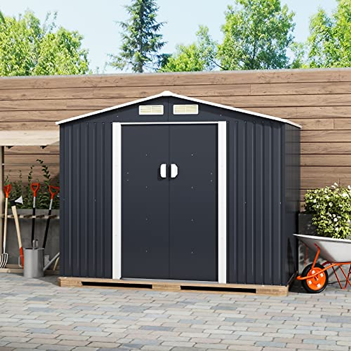 HOGYME 9.1' x 6.3' Storage Shed, Sheds & Outdoor Storage with Double Sliding/Lockable Door, Metal Tool Shed for Garden Backyard Patio Lawn, Gray
