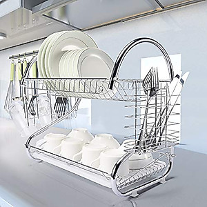 Glotoch 2-Tier Full Sized Dish Drying Rack with Utensil Holder and Cup Holder with Dish Water Drain Board Tray Rustproof Chrome Plating 16.5 x 10 x 15 Inches Storage Space Saving Kitchen Organizer