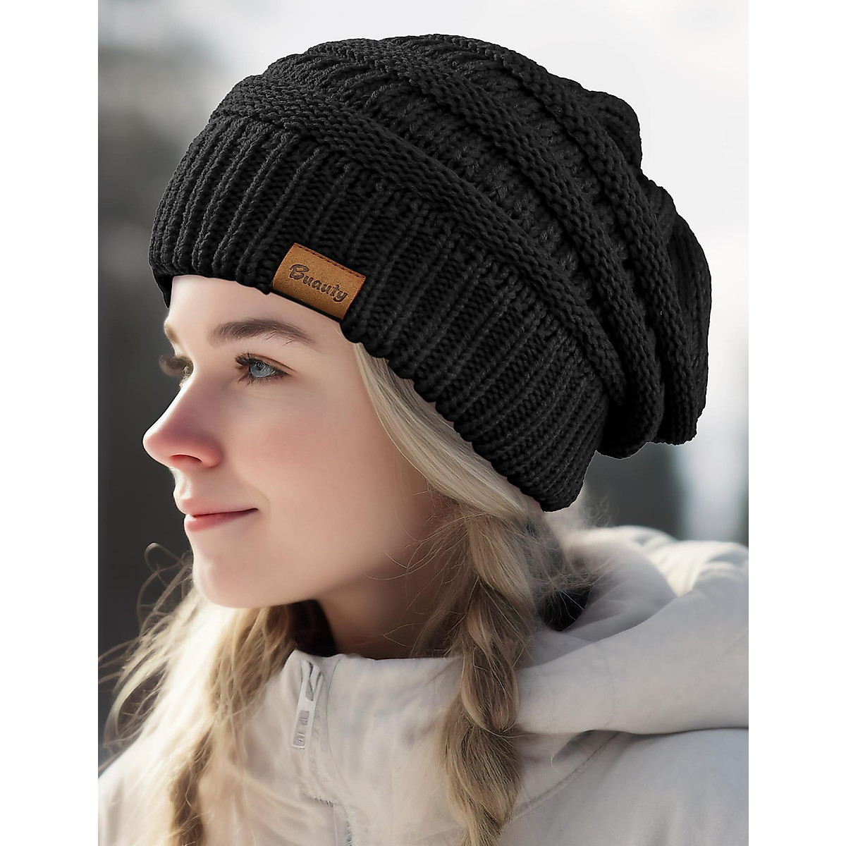 Black Slouchy Beanies for Women Cable Knit Winter Hats Ladies Gifts Oversized Chunky Skull Cap Thick Warm Stocking Caps for Cold Weather Cute Fashionable Spring Fall Beanies Hat Snow Caps Christmas