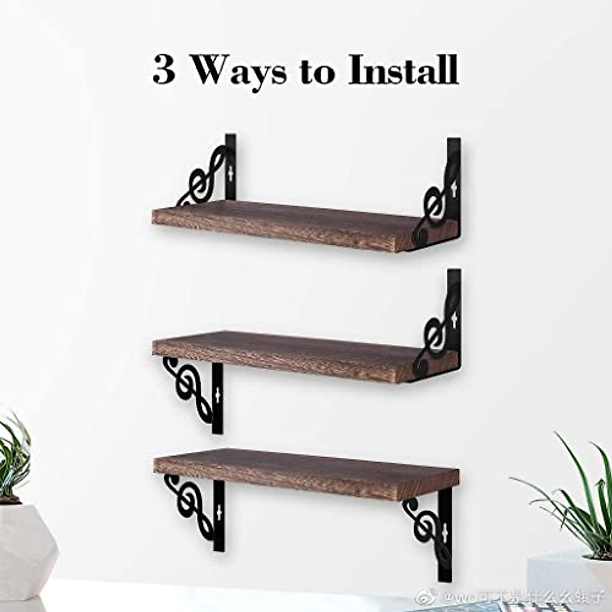 Floating Wall Shelves Set of 3, 16-Inch Solid Wood Floating Shelves Cat Climbing, Wall Mounted Shelf Organizer for Living Room, Bedroom, Kitchen, Bathroom, Office (Carbonized-Brown)