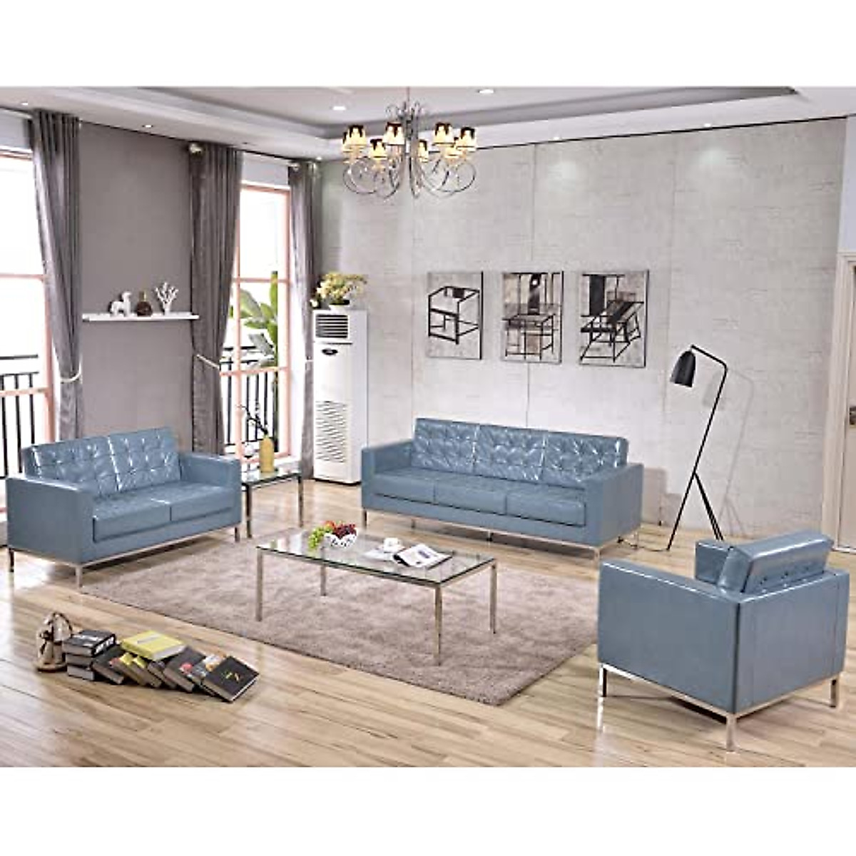 Flash Furniture HERCULES Lacey Series Contemporary Gray LeatherSoft Loveseat with Stainless Steel Frame