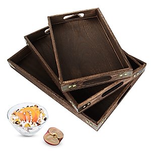 3PCS Wooden Trays, Wood Serving Tray with Handles, Rustic Vintage Food Serving Trays, Square Decorative Wooden Serving Trays for Breakfast, Appetizer, Coffee, Tea, Dining Room, Party, Restaurants