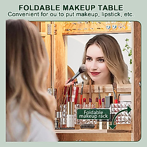 HNEBC LED Mirror Jewelry Cabinet,47.2" Wall Mounted Jewelry Organizer with Full-Length Mirror,Over The Door Hanging Jewelry Armoire Storage Cabinet,Folding Dresser,2 Drawers,Lockable, 3 Shelves(Wood)