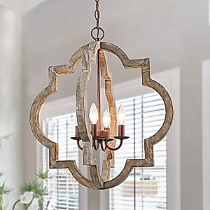 LOG BARN Large Farmhouse Chandelier Handmade Wood 4 Lights Fixtures Hanging for Dining, Bedrooms, Living Rooms and Hallway