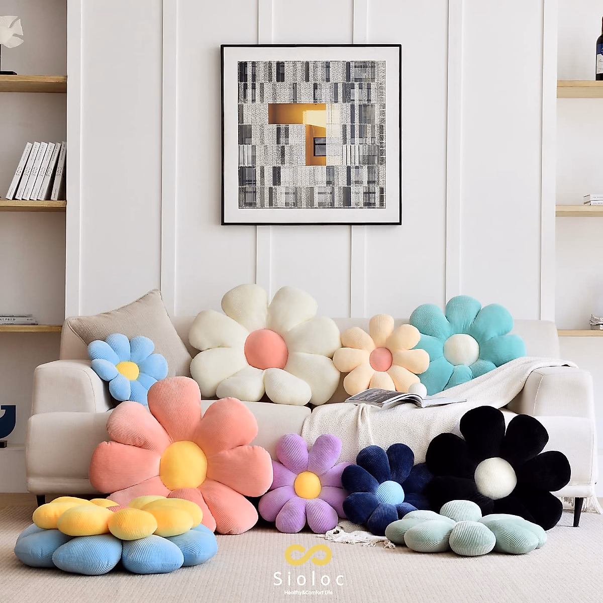 Sioloc Flower Shaped Throw Pillow Butt Cushion, Floor Pillow,Seating Cushion,Cute Room Decor & Plush Pillow for Bedroom Sofa Chair(White,15.7'')