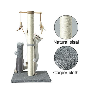 PAWSFANS Cat Scratching Post,Sisal Scratch Posts Vertical Scratcher for Indoor Cats and Kittens,with self Grooming Bursh and Interactive Toys 30 Inches Tall Grey