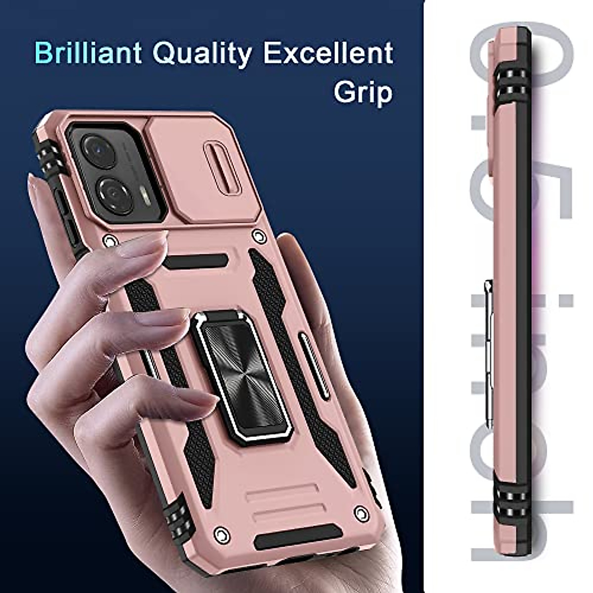 DEERLAMN Case Compatible with Moto G 5G 2023 with Slide Camera Cover+Screen Protector(1 Pack),Rotated Ring Kickstand Military Grade Shockproof Protective Cover-Rose Gold
