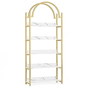 Tribesigns 5-Shelf Gold Etagere Bookcase, Modern Metal Open Arched Bookshelf, 72 Inches Tall Gold Shelves for Living Room, Bedroom(1, White+Gold)
