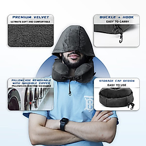 Cuddool Hoodie Travel Neck Pillow - Memory Foam Neck Pillow Head Chin Support Airplane, Car, Office & Home Sleep Rest Traveling Pillow(Black,M)