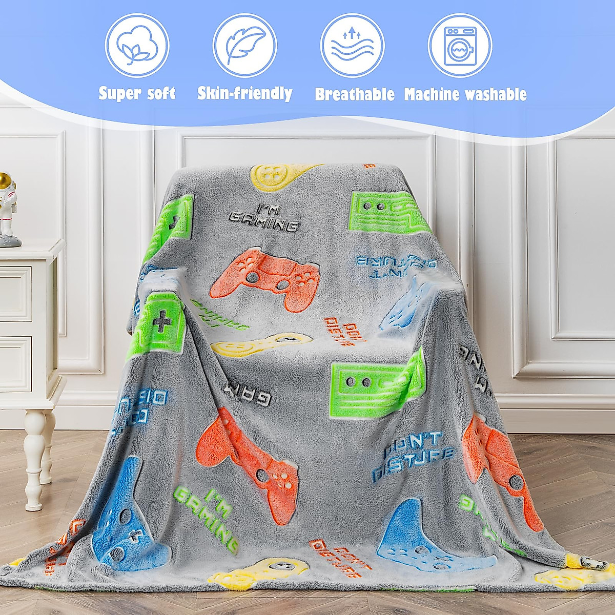 Glow in The Dark Gamer Gaming Blanket Gifts Toys for Kids Boys 1-14 Years Old Birthday Christmas Valentine's Gift Toddler Teens Boyfriends Game Controller Presents Throw Game Room Decor Grey 50"x 60"