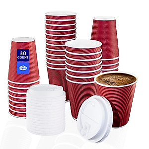 Nicole Home Collection Double-Walled Insulated Ripple Paper Disposable Cups With Lids For Hot Beverage, Pack of 30 Coffee Cup, 12 oz, Maroon