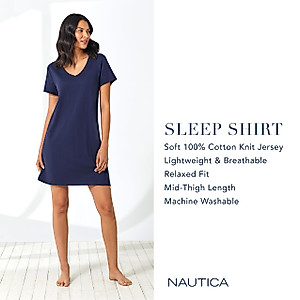 Nautica Women's V-Neck Sleep Shirt, 100% Cotton Jersey, Black, 1X