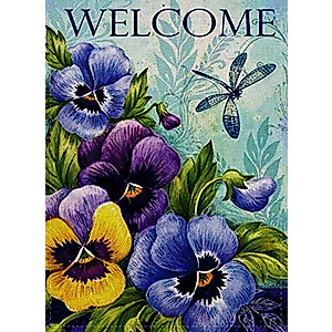 Furiaz Decorative Vintage Flower Welcome Spring Small Garden Flag Double Sided, Home Floral Burlap Pansies Dragonfly Outside House Yard Decoration, Summer Seasonal Outdoor Décor Flag 12.5 x 18