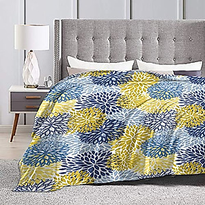 Abucaky Blue Yellow Navy Chrysanthemum Flowers Fleece Throw Blanket Ultra Soft Cozy Decorative Flannel Blanket All Season for Home Bed Couch Chair Travel 80x60in